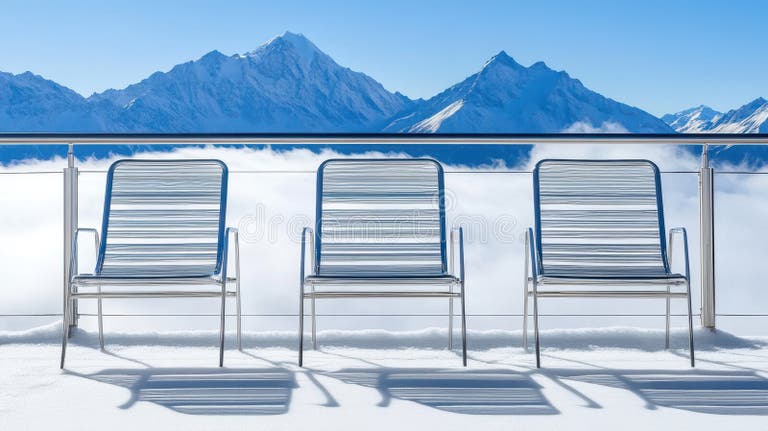 Three Chairs on a Snowy Balcony Overlooking a Range of Cloud-covered ...