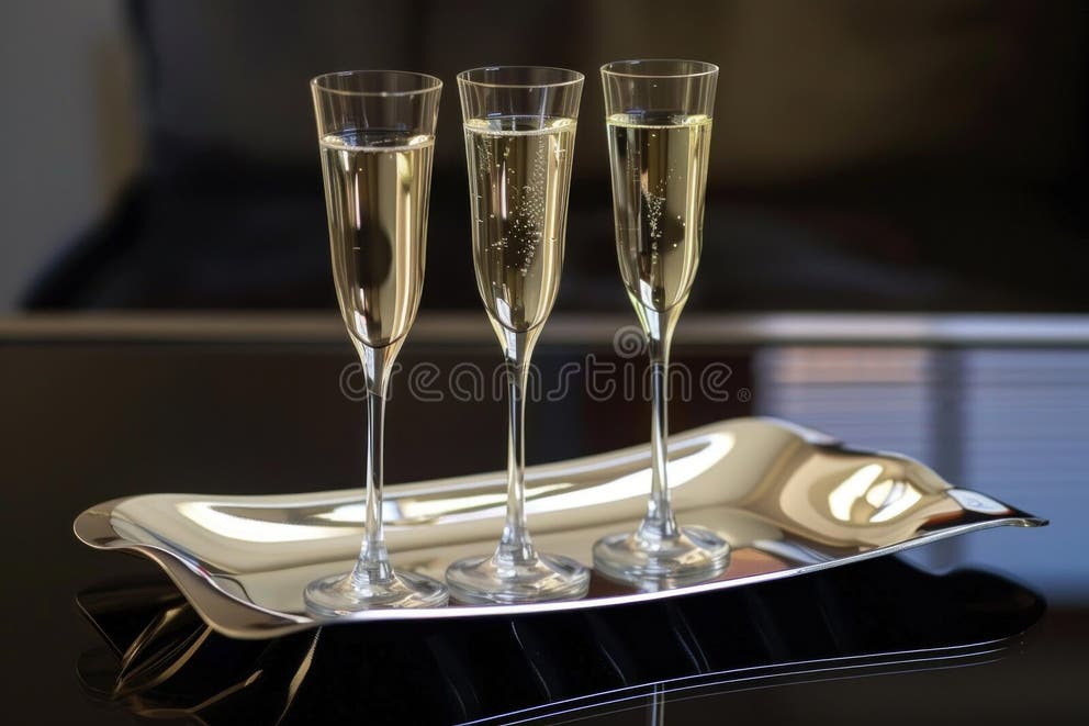 Three Champagne Flutes on a Silver Tray are Sparkling on a Reflective ...