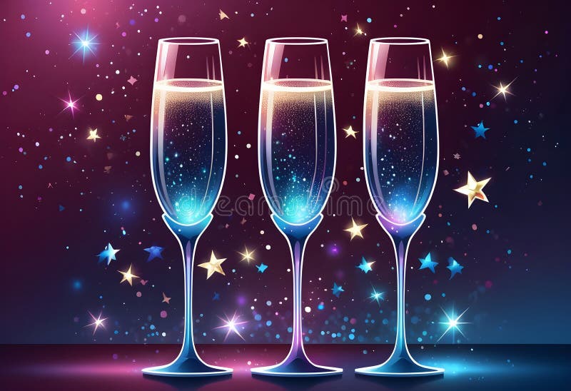 Three Champagne Glasses with Bubbles and a Purple Background with Stars ...