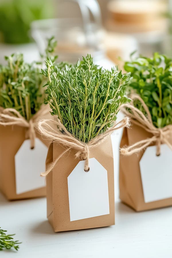 Three Charming Bundles of Fresh Thyme, Neatly Packaged in Brown Paper ...