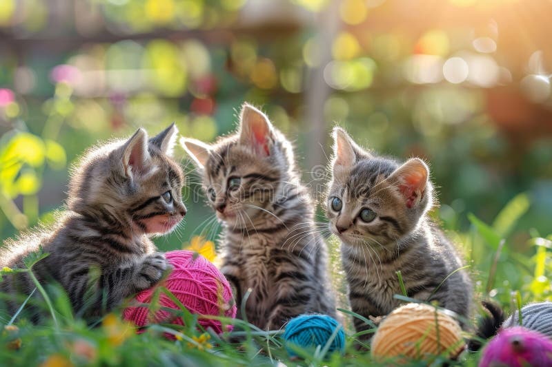 Three Charming Kittens Playing with a Yarn Ball Under the Sun in a ...