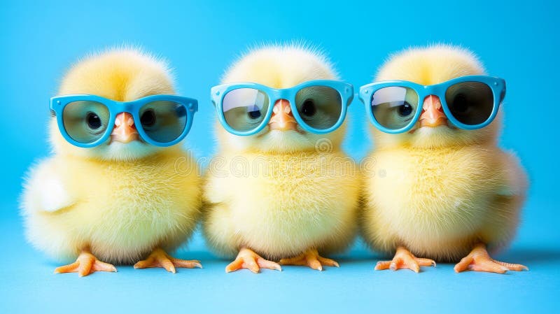 Three Charming Yellow Chicks, Each Wearing Cool Blue Shades, Posing ...