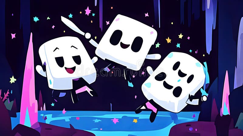 Three Cheerful, Animated Marshmallow Characters Dancing in a Colorful ...