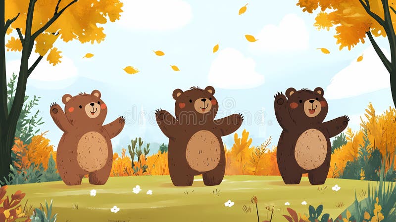 Three Cheerful Cartoon Bears Dancing in an Autumn Landscape with ...