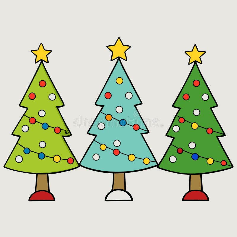 Three Cheerful Cartoon Christmas Trees with String Lights Stock Vector ...