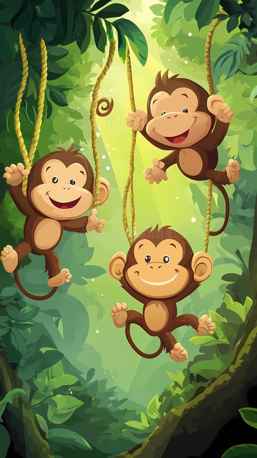 Three Cheerful Cartoon Monkeys Swinging on Vines in a Lush Jungle ...