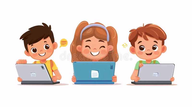 Happy kids learning online stock illustration. Illustration of colorful ...