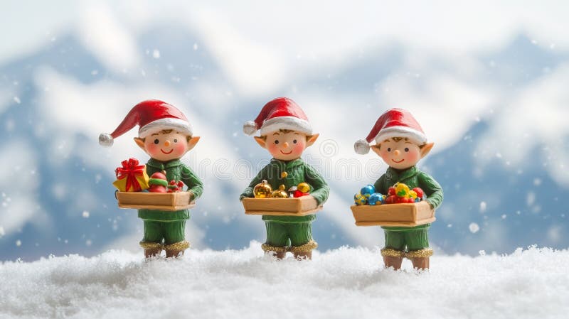 Three Cheerful Elves Carrying Presents in a Snowy Scene Stock ...