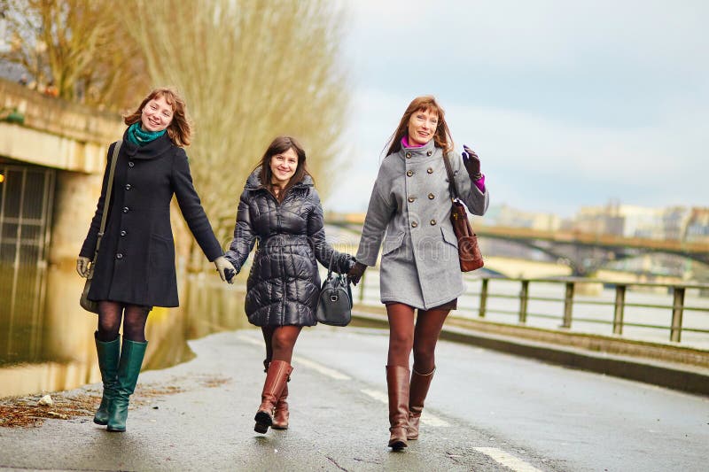 Three Cheerful Girls Walking Together in Paris Stock Image - Image of ...