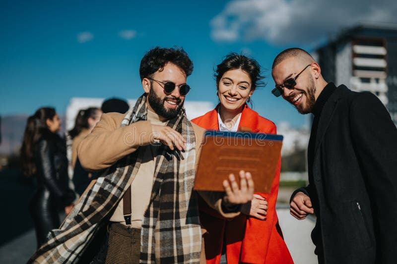 Group of Young Professionals Collaborating Outdoors with a Bright ...