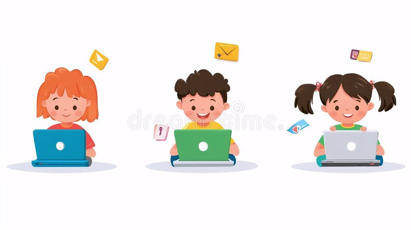 Happy Kids Learning Online Laptops with Emails, and Fun Stock ...