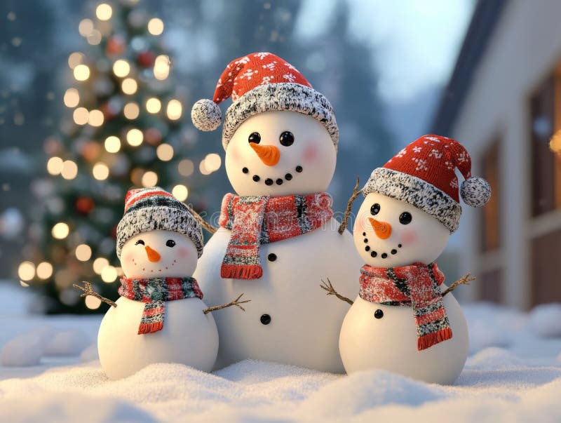 Three Cheerful Snowmen Standing in the Snow Stock Illustration ...