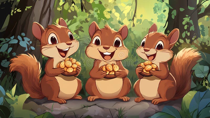 Three Cheerful Squirrels Holding Acorns in a Vibrant Forest Setting ...