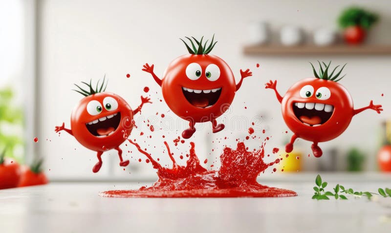 Three Cheerful Tomato Characters Leap Joyfully, Creating a Splash of ...