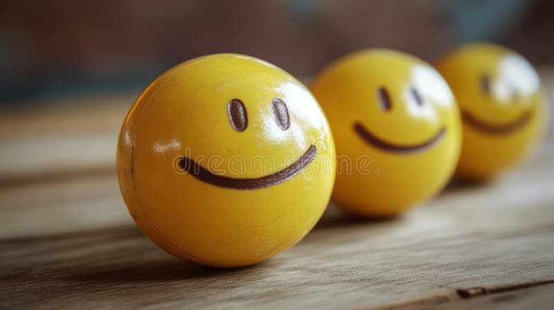 Three Cheerful Yellow Smiley Balls Lined Up on a Wooden Surface ...