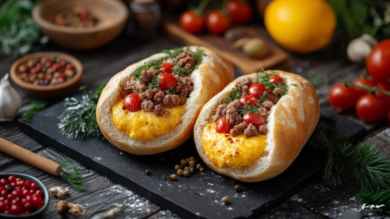 Three Cheese and Herb-covered Bread Pieces Arranged on a Black Plate ...