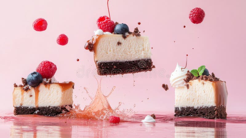 Three Cheesecake Pieces with Berries, Pink Background Stock ...