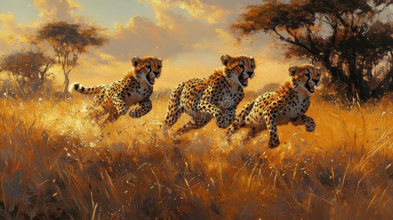 Three Cheetahs Running through Tall Grass Stock Illustration ...