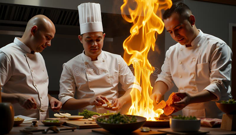 Three Chefs Preparing Food with Fiery Flames in Professional Kitchen ...