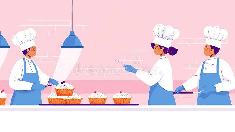 Three Chefs Working in a Bakery, Decorating and Preparing Pastries ...