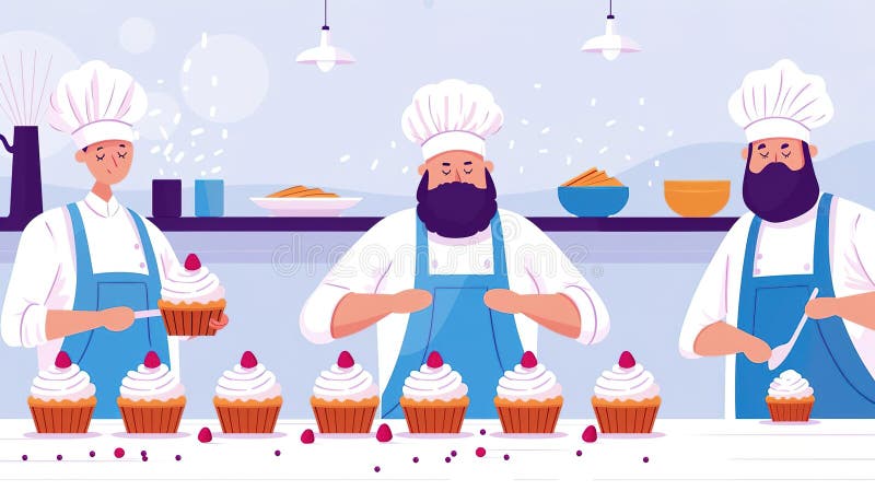 Three Chefs Working in a Bakery, Decorating and Preparing Pastries ...