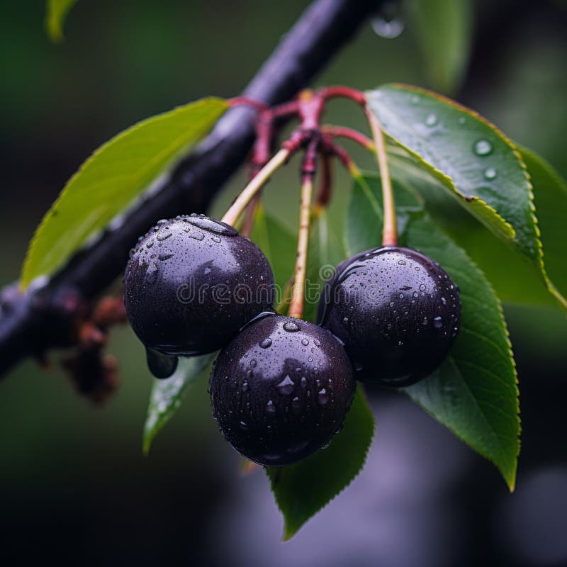 Three Cherries on a Branch with Water Droplets on Them Stock ...