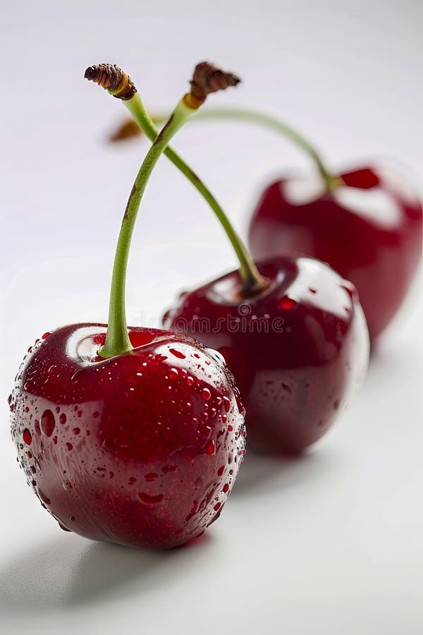 Three Cherries with Water Droplets on Them Stock Photo - Image of food ...