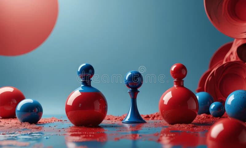 Three Chess Pieces, Two Red and One Blue, Stand on Blue Surface with ...