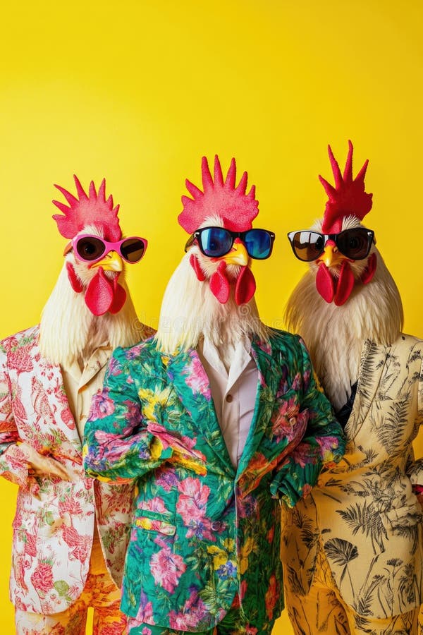Three Chickens Dressed in Colorful Clothing for a Fun Event or Theme ...
