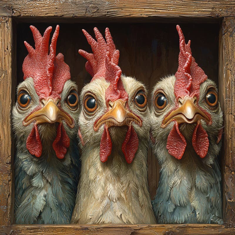Three Chickens with Expressive Faces Framed in Wooden Border Stock ...