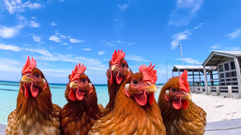 Three Chickens are Standing on a Beach, Looking at the Camera. Stock ...
