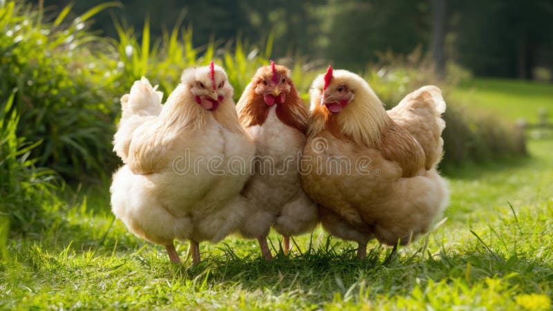 Three Chickens Standing in a Grassy Field with Some Trees, AI Stock ...