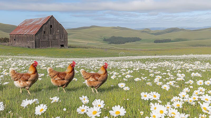 Three Chickens Walking in Daisy Field with Rustic Barn and Rolling ...
