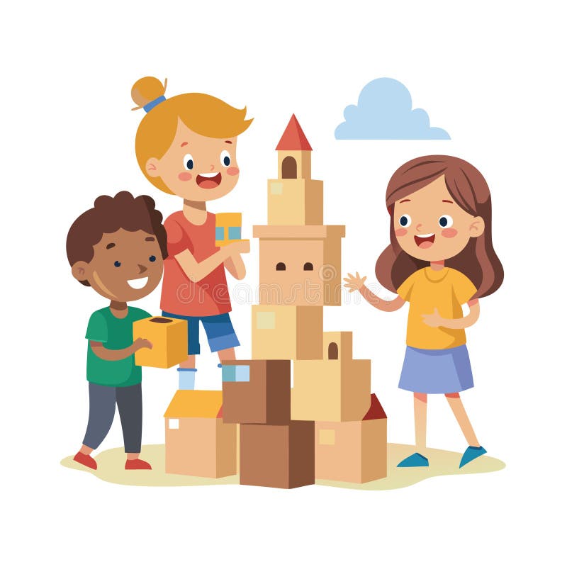 Three Children Building a Tower with Cardboard Boxes in a Flat Vector ...