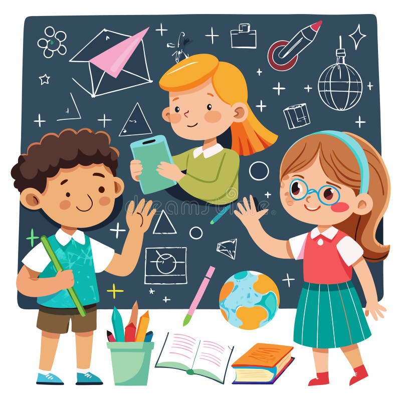 Three Children Collaborating on a Chalkboard Filled with School ...