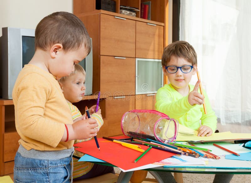 Three Children with Crayons Stock Photo - Image of arts, crafts: 49443262