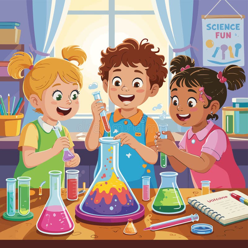 Three Children Doing Science Experiments in a Science Lab Stock Vector ...