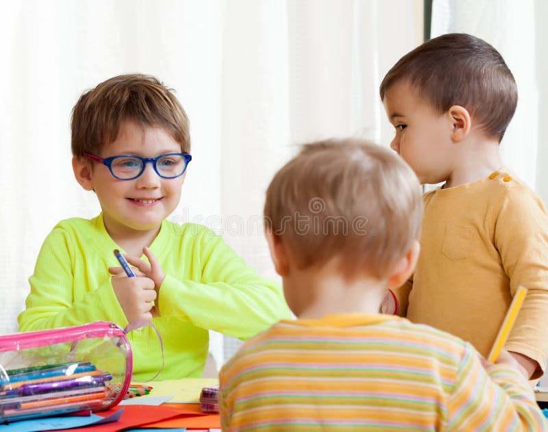 Children Painting and Drawing. Art Lesson in Primary School. Stock ...