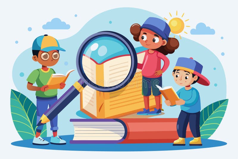 Three Children Explore Books Using a Magnifying Glass and Pencil ...
