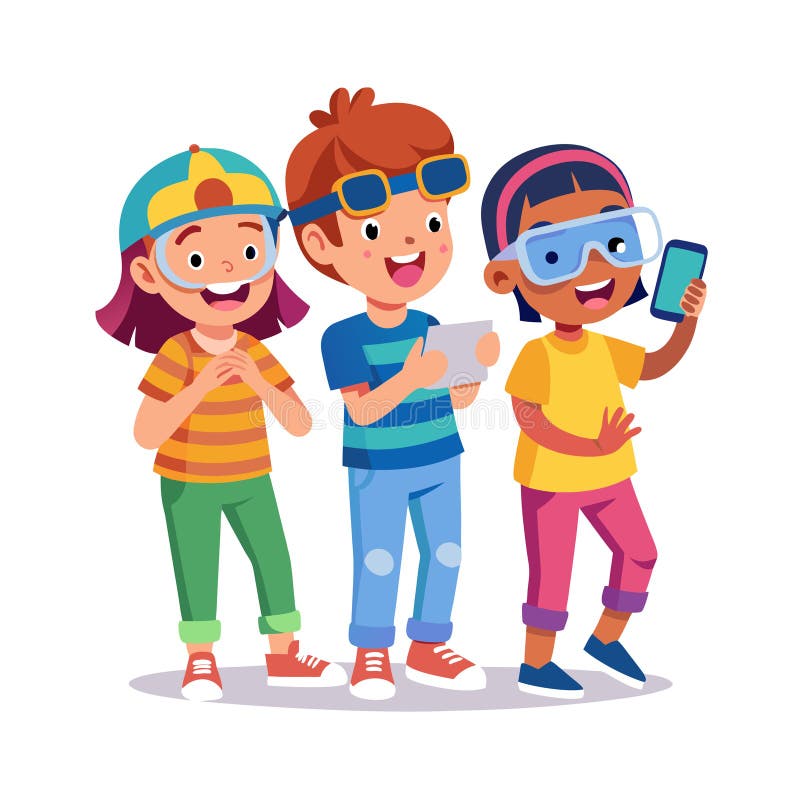 Three Children Exploring Technology with Tablets and Smartphones in a ...
