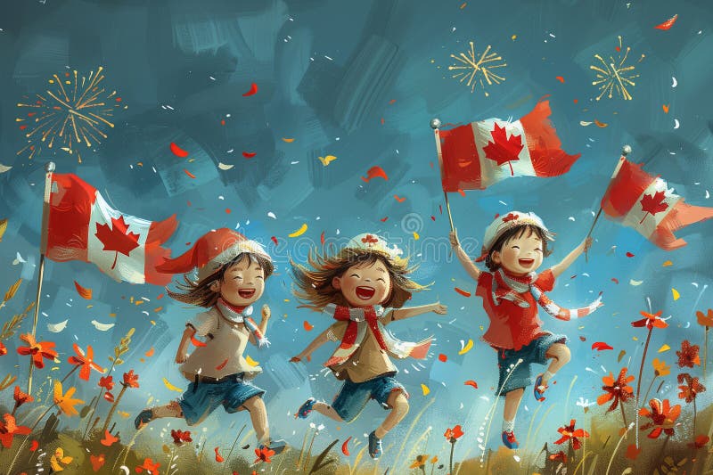 Three Children Joyfully Run through a Field, Waving Canadian Flags ...