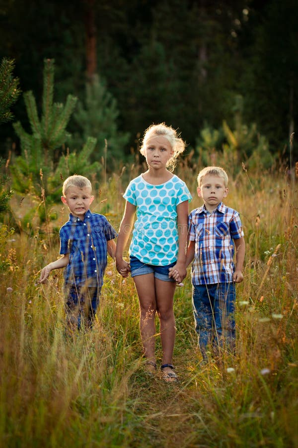 Three children on meadow stock image. Image of hands - 49272571