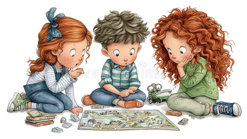 Three Children Playing a Board Game on White Background Stock ...
