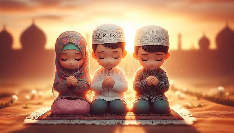 Three Children in Prayer, Depicting Muslim Devotion at Sunset. Stock ...
