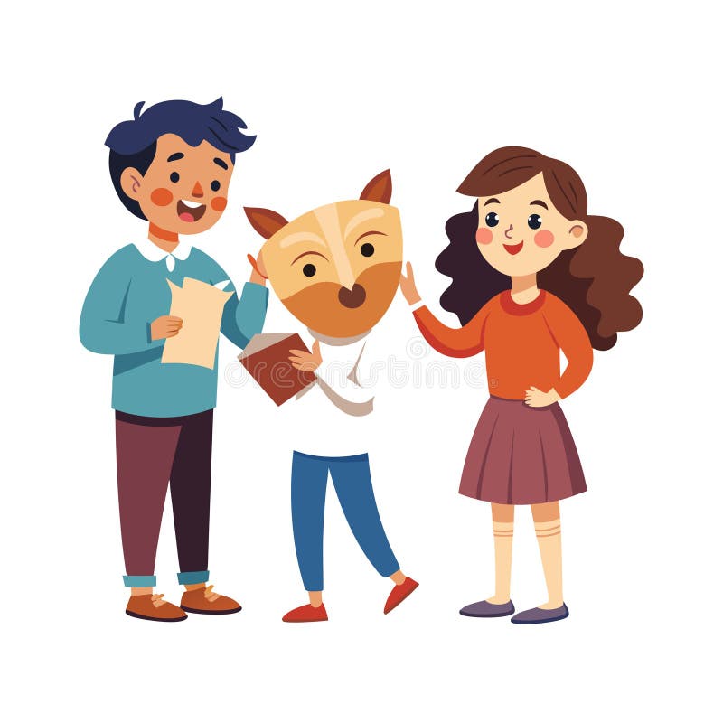 Three Children Preparing for a School Play with a Mask and Script Stock ...