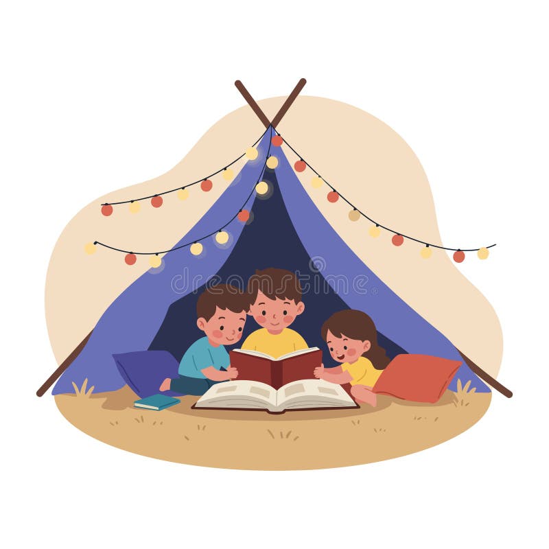 Three Children Reading Books Inside Blue Tent with String Lights Cozy ...