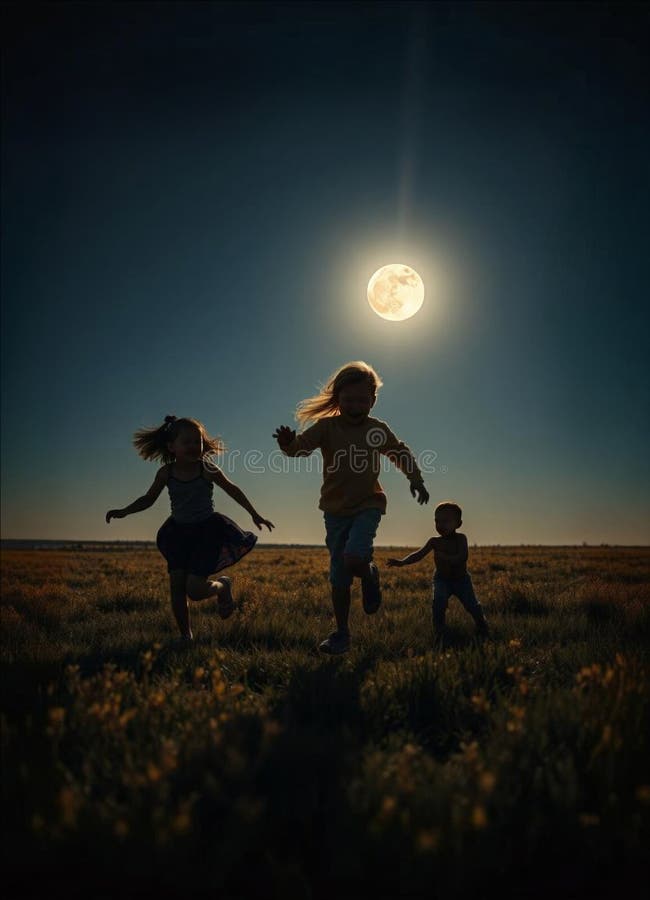 Three Children Running in a Grass Field Under a Full Moon in the Night ...
