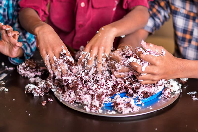 Three Children S Hands Smash Cake. Stock Image - Image of room ...