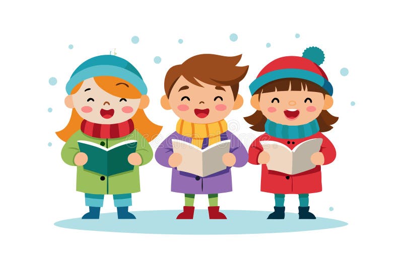 Three Children Singing and Reading Books in Winter Clothes, Enjoying a ...