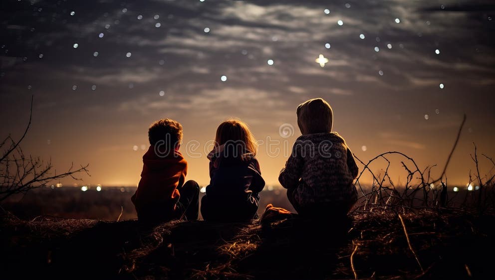 Three Children Sitting on the Edge of a Cliff and Looking at the Night ...